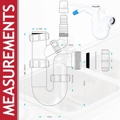 SPARES2GO 40mm Telescopic Sink Trap Kitchen Washing Machine Dishwasher ...