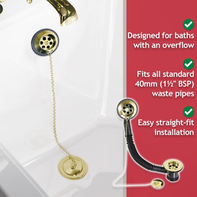 SPARES2GO Bath Combination Waste Plug and Chain Luxury Gold Brass ...