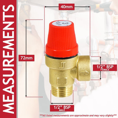 SPARES2GO Boiler Pressure Relief Safety Valve 3 Bar 1/2" BSP Male x ...