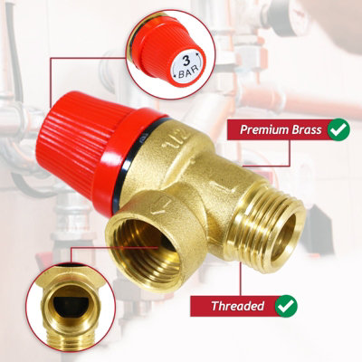 SPARES2GO Boiler Pressure Relief Safety Valve 3 Bar 1/2" BSP Male x ...