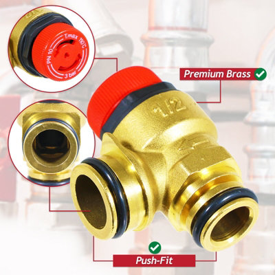 SPARES2GO Boiler Pressure Relief Valve 3 Bar 1/2" BSP Push Fit Brass PN ...