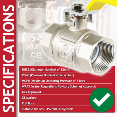 SPARES2GO Gas Lever Ball Valve Full Bore PN40 Brass On Off Female x ...