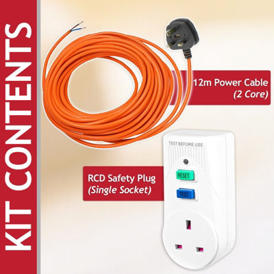 SPARES2GO Lawnmower Power Cable 12 Metre Mains Lead + RCD Safety Plug ...