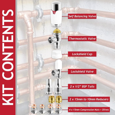 SPARES2GO Self Balancing TRV Kit 15mm Thermostatic Radiator Valve ...