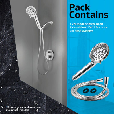 SPARES2GO Shower Head Hose and Filter Set Multi Function 9 Power Modes ...