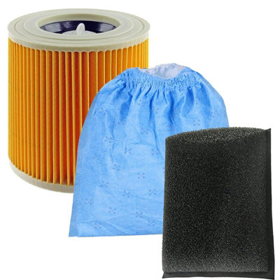 SPARES2GO Textile Bag + Cartridge, Foam Filter for Karcher WD2 WD3 Wet ...