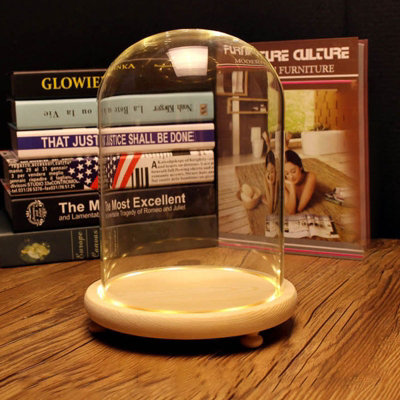 Spherical Immortal Glass Cover with Wood Base and Warm White Light 25CM