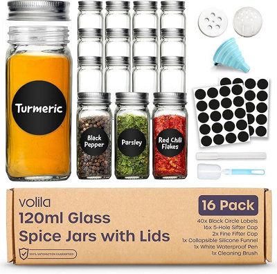 Spice Jars 16 Pack 120ml Glass Spice Containers With Lids Labels Stickers Funnel Sponge for Kitchen Organization