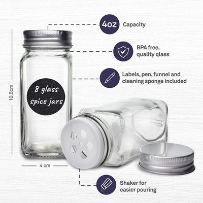 Spice Jars Glass 120ml with Lids and Labels, Stickers, Pen, Cleaning ...