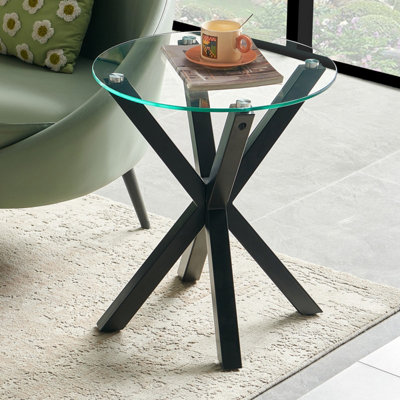 Spider Round Glass Side Lamp Table with Black Legs 50cm Diameter ...