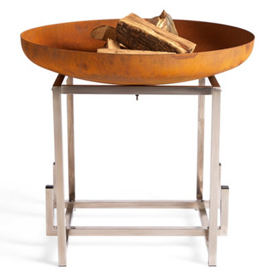 Spinningfield Fire Pit, Corten Steel & Chrome Firepit, Log Storage ...