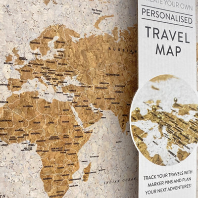 Splosh Travel Map World Pin Cork Board with 100 Pins 54 x 36.5cm