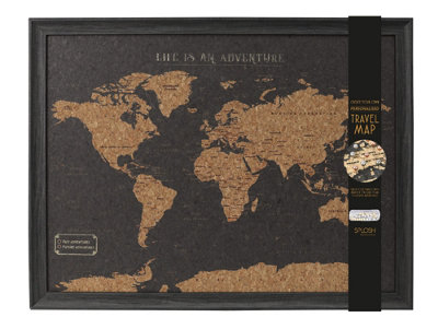 Splosh Travel Map World Pin Cork Board with 100 Pins Black 54 x 36.5cm