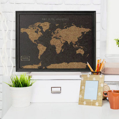 Splosh Travel Map World Pin Cork Board with 100 Pins Black 54 x 36.5cm