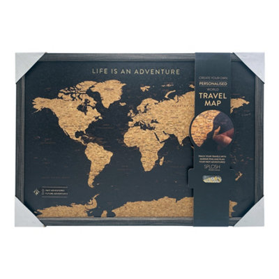 Splosh Travel Map World Pin Cork Board with 100 Pins Black Medium 77 x ...