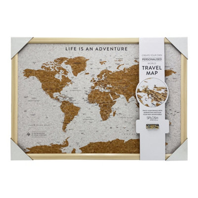 Splosh Travel Map World Pin Cork Board with 100 Pins Light Wood Medium ...