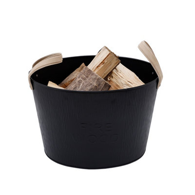 Spruce Large Leather Handled Fireside Wood Bucket Iron Classic Style ...