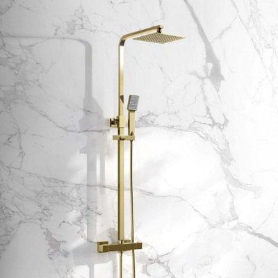 Square Brushed Brass Thermostatic Shower Twin Head