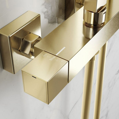 Square Brushed Brass Thermostatic Shower Twin Head