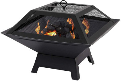 Square Fire Pit with BBQ Grill Heater Outdoor Garden Black Barbeque ...