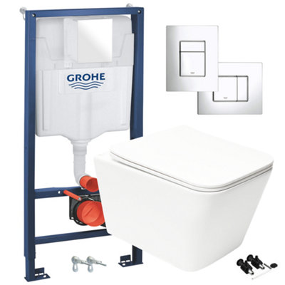 Square Gloss White Hidden Fixation Rimless Wall Hung Toilet Pan & GROHE ...