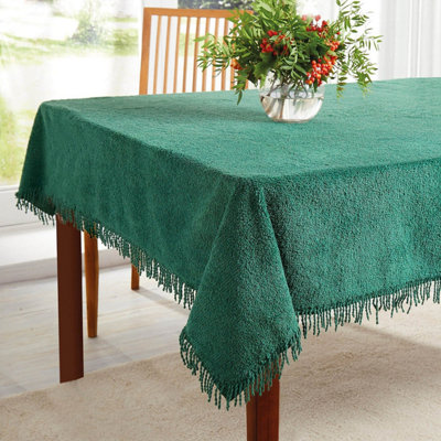 Square Gold Chenille Tablecloth 132cm, 100% Cotton with Deep Fringe ...