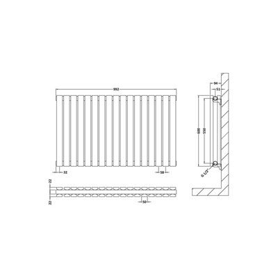 Square Horizontal Double Panel Radiator - 600mm x 992mm - 3519 BTU ...