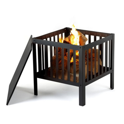 SQUARE IRON FIRE BASKET WITH GRILL - BLACK
