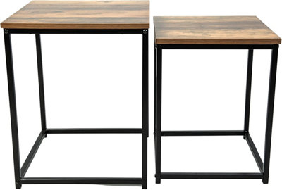 Square nest of 2 tables black metal frame with solid Oak wooden effect ...