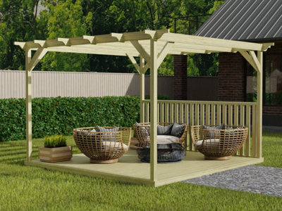 Square pergola and decking kit with one balustrade, 4.2mx4.2m, Natural