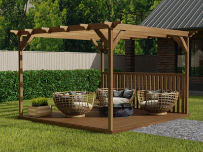 Square pergola and decking kit with one balustrade, 4.8mx4.8m, Rustic Brown