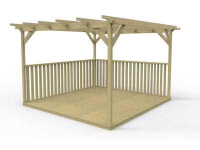 Square Pergola and decking kit with two side balustrade, 2.4mx2.4m, Natural