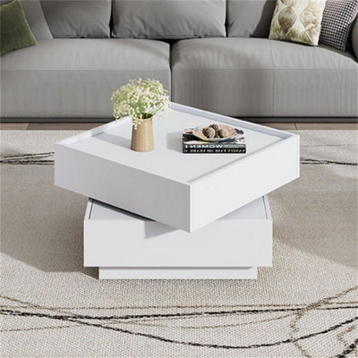 Square Rotating Coffee Table with 2 Drawers, Wooden 2-Tier Center Table ...