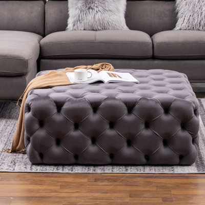 Square Velvet Upholstered Buttoned Footstool Grey