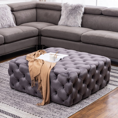Square Velvet Upholstered Buttoned Footstool Grey