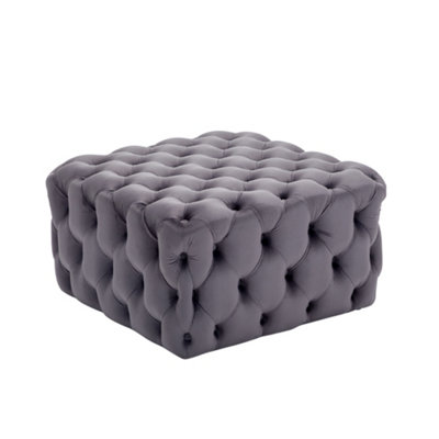 Square Velvet Upholstered Buttoned Footstool Grey
