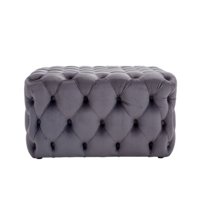 Square Velvet Upholstered Buttoned Footstool Grey