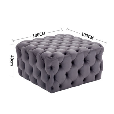 Square Velvet Upholstered Buttoned Footstool Grey