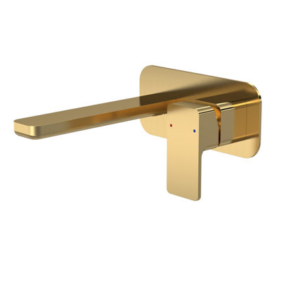 Square Wall Mount 2 Tap Hole Basin Mixer Tap & Back Plate - Brushed Brass