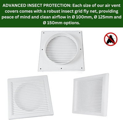 Square White Ventilation Grille with Flyscreen -Round 150mm or 6 inch ...
