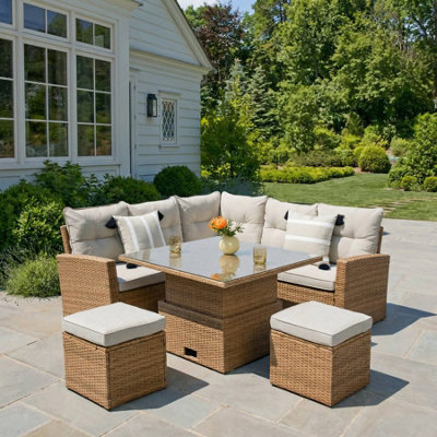 St. Tropez Garden Corner Sofa with Rising Glass Top Table, Brown Grey ...