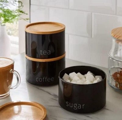 Stackable Tea Coffee Sugar Storage Jars 3Pk Round Black