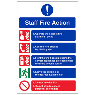 Staff Fire Action 999 Sign Procedure - Rigid Plastic - 200x300mm (x3)