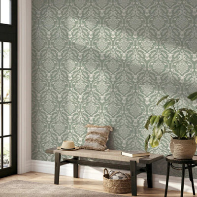 Stag Damask Sage Green Wallpaper