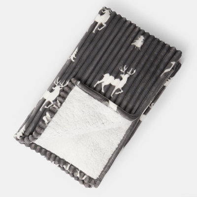 STAG FLEECE THROW OVER BED BLANKET RIBBED CHRISTMAS SHERPA, GREY - 125 ...
