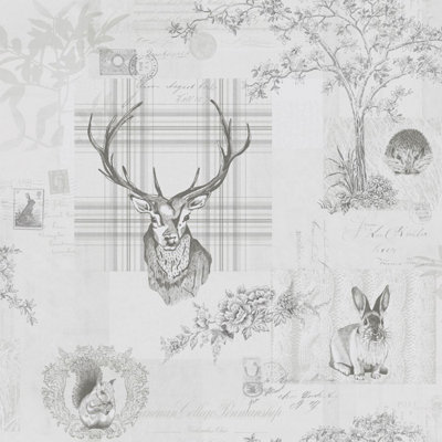 Stag Wallpaper Grey Charcoal Woodland Animal Print Rustic Rabbit Trees ...