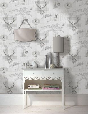 Stag Wallpaper Grey Charcoal Woodland Animal Print Rustic Rabbit Trees ...