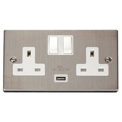 Stainless Steel 2 Gang 13A 1 USB Twin Double Switched Plug Socket ...