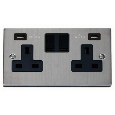Stainless Steel 2 Gang 13A 2 USB Twin Double Switched Plug Socket ...