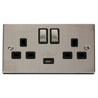 Stainless Steel 2 Gang 13A DP Ingot 1 USB Twin Double Switched Plug ...